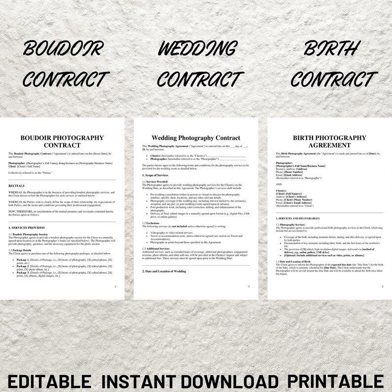 Photography Contract Template Bundle Editable Photography Booking Forms Bundle Printable Client ...