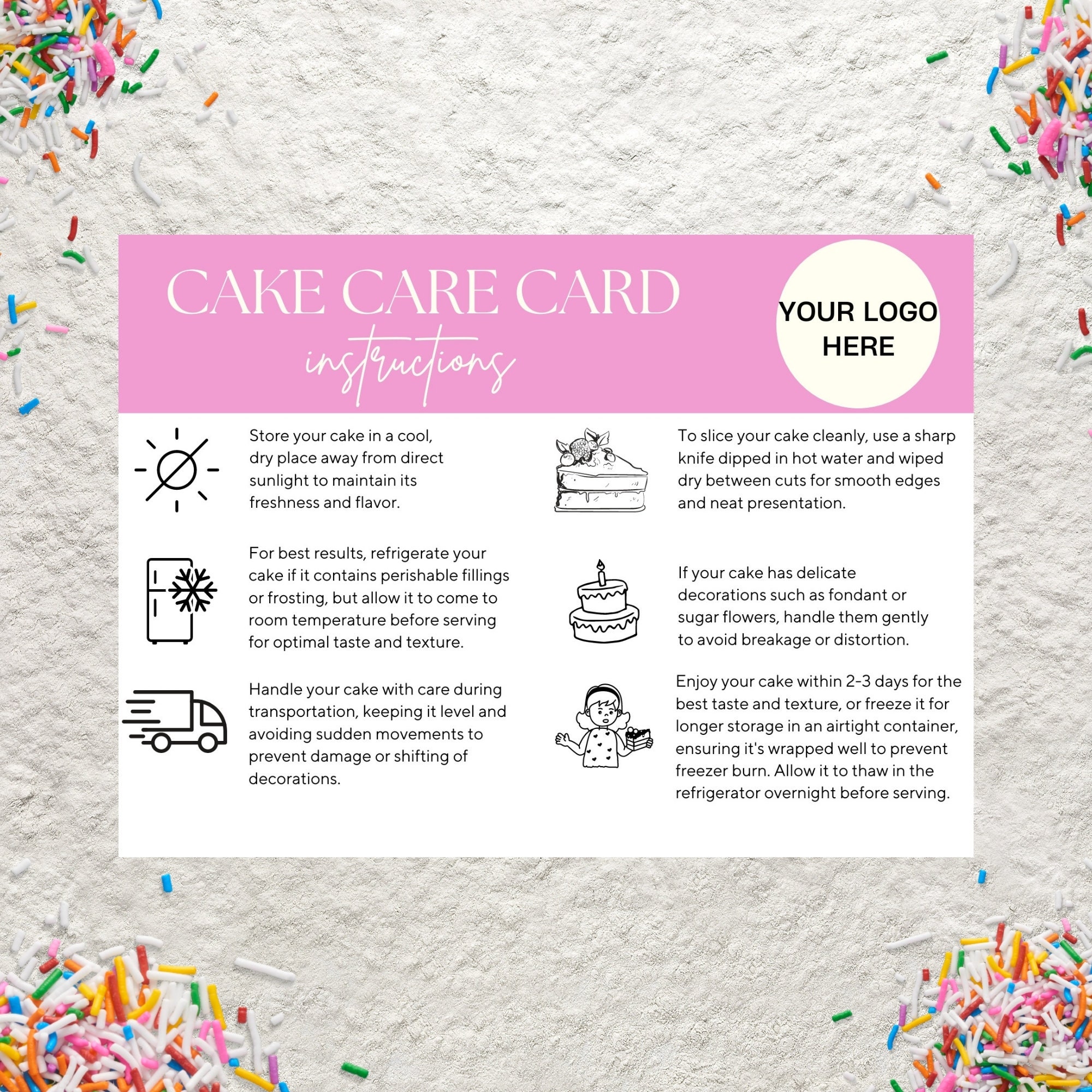 Editable Cake Care Card Canva Template Printable Cake Care Card ...