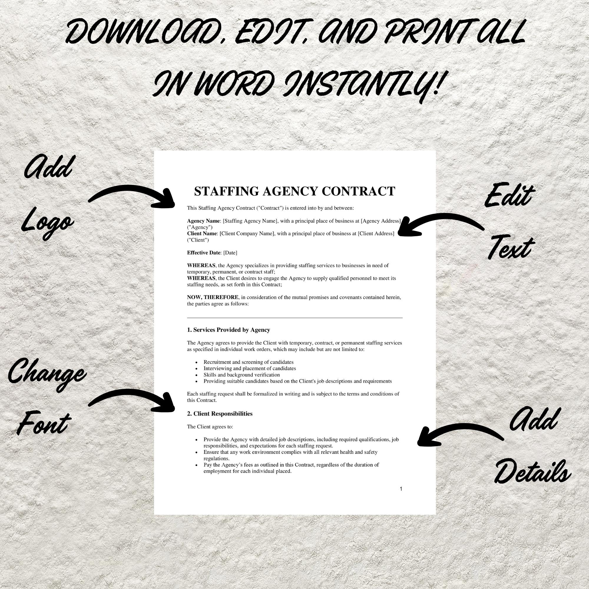 Staffing Agency Contract Template: Editable Business Agreements (word ...