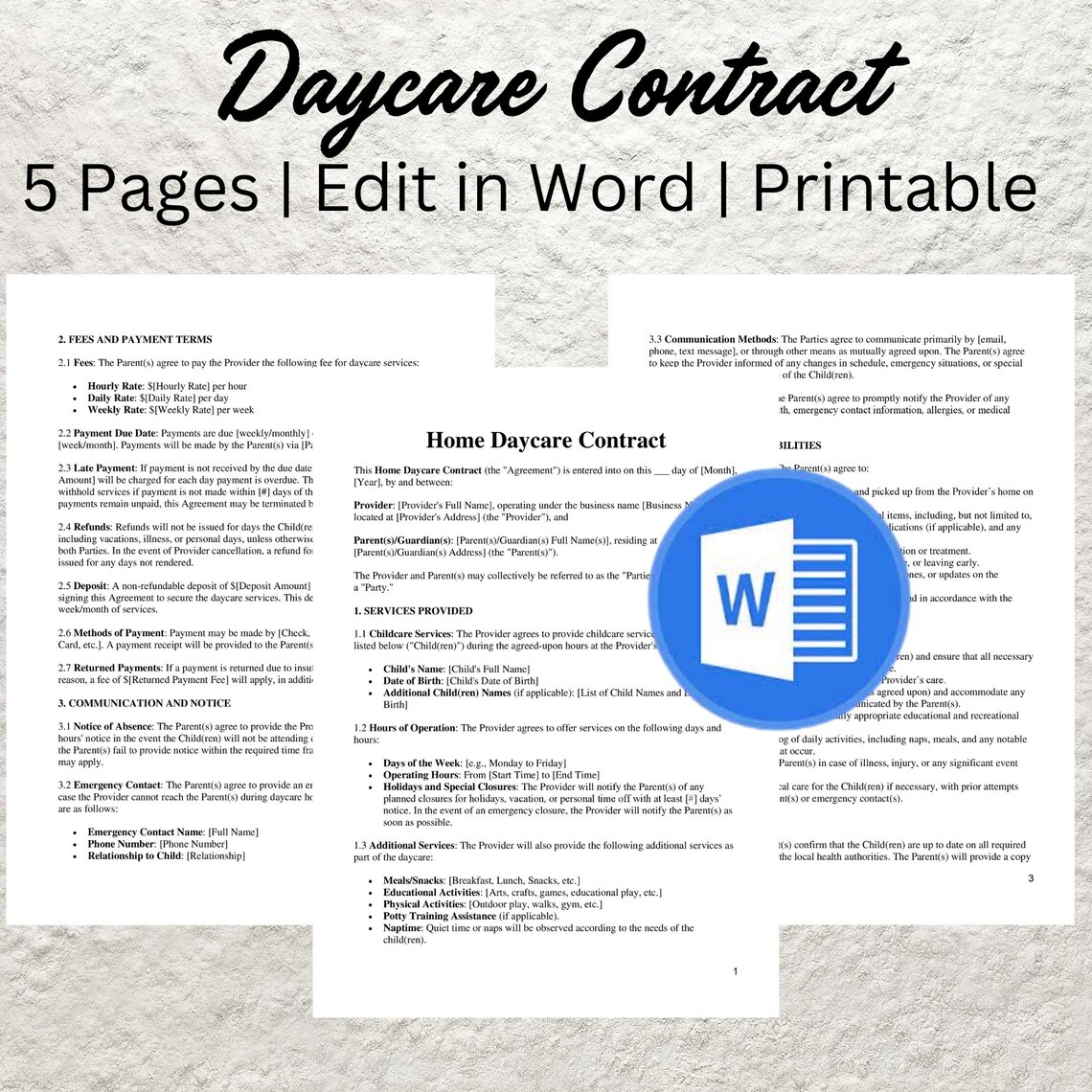 Editable Home Daycare Contract Template: Printable Childcare Agreement ...
