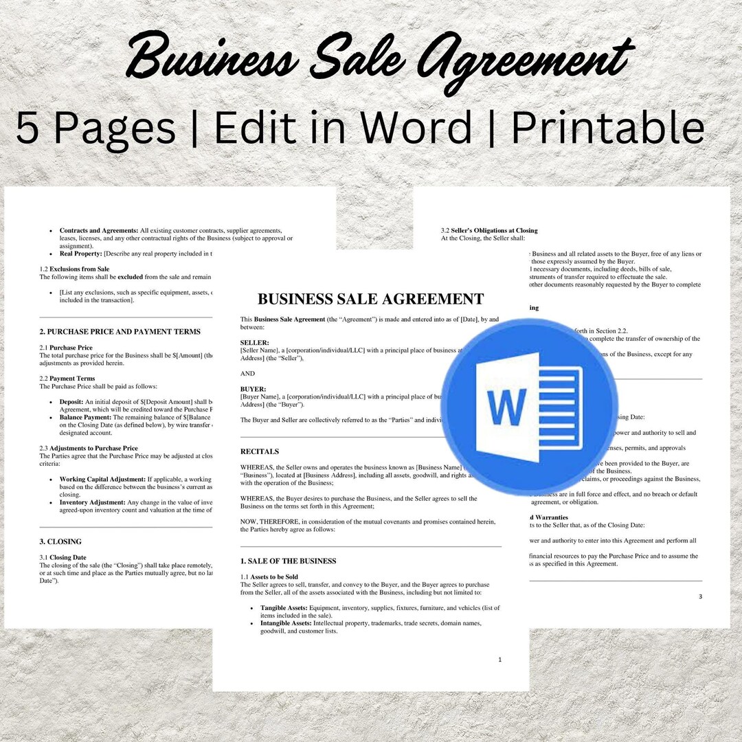Business Sale Contract Template Editable Purchase of Business Agreement ...
