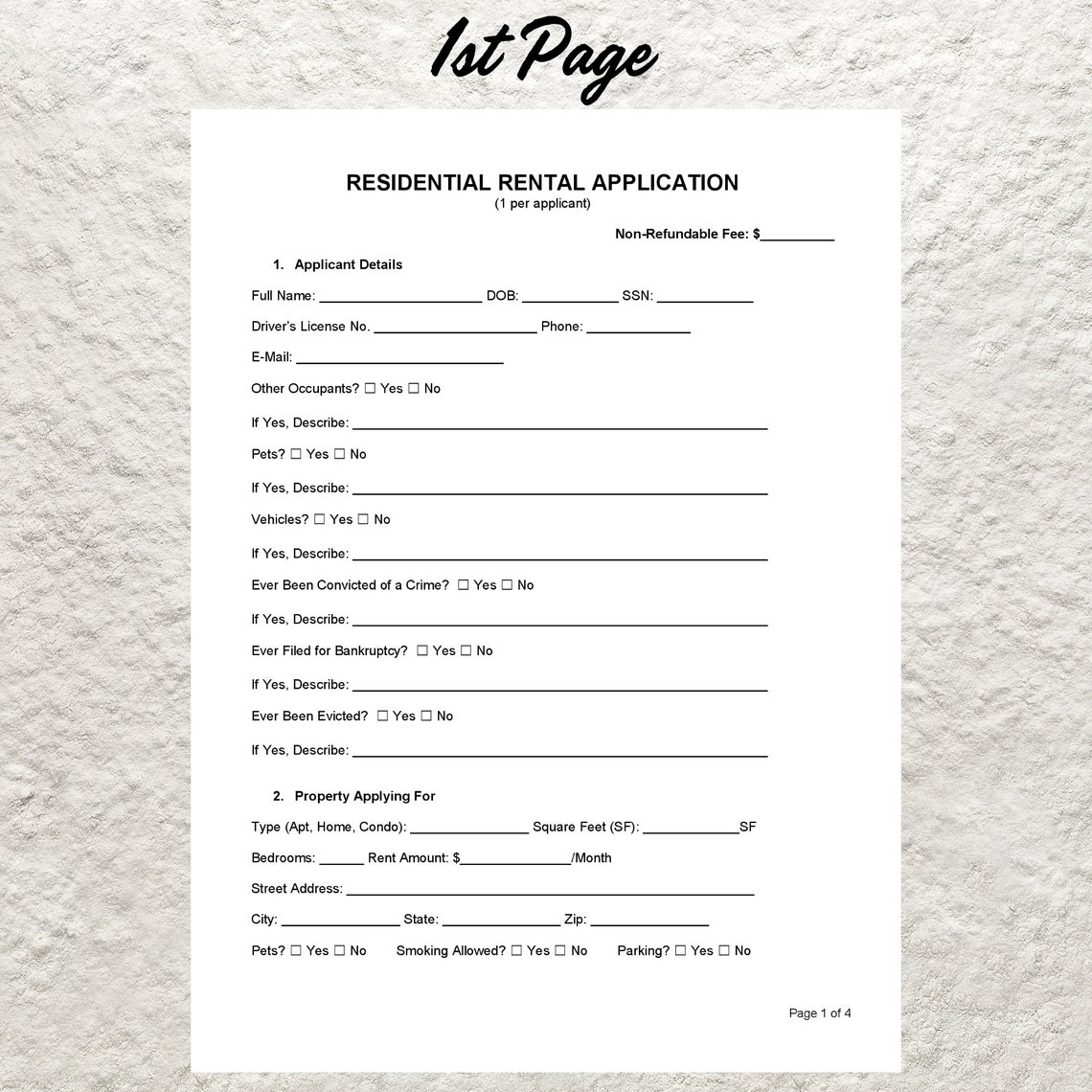 Editable Rental Property Application Form Landlord Rental Application ...