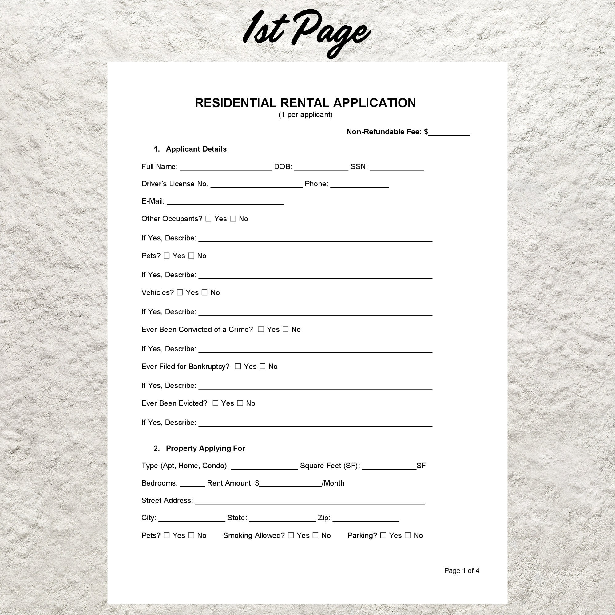 Editable Rental Property Application Form Landlord Rental Application ...