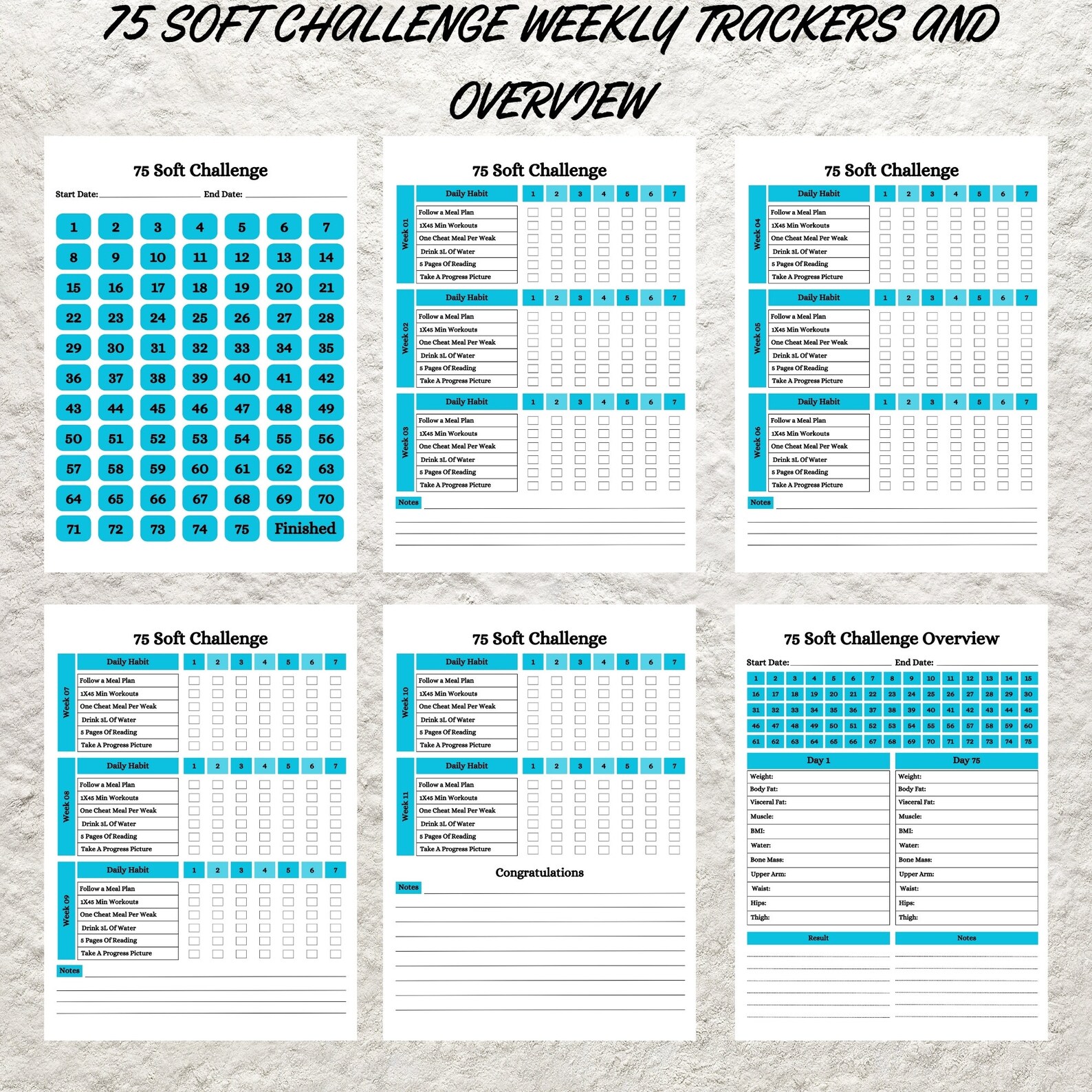 Editable 75 Soft Challenge Tracker Bundle, Printable in Canva (digital ...