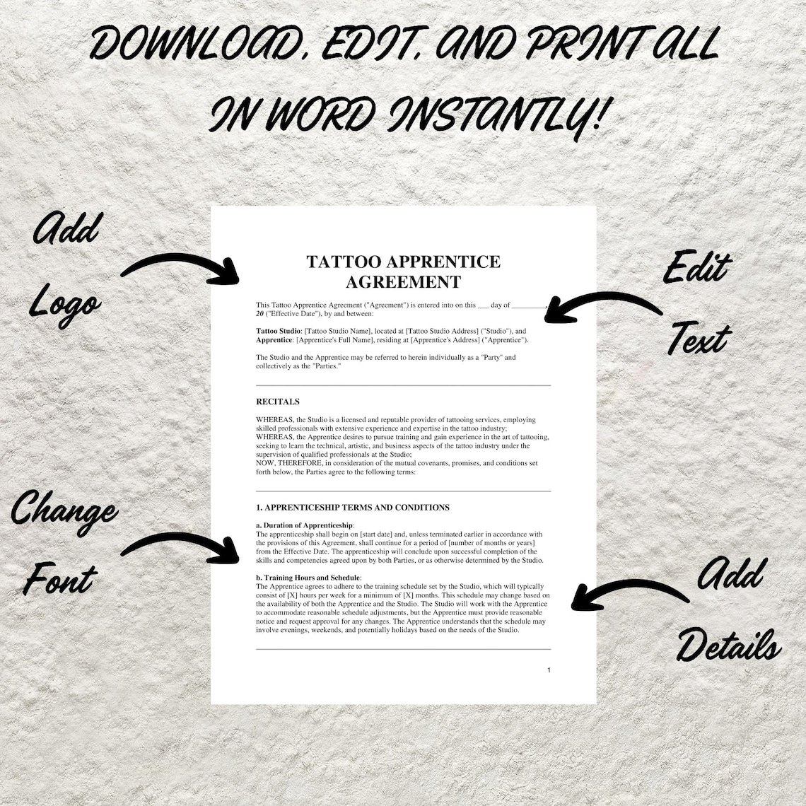 Tattoo Apprentice Contract Template: Editable Apprenticeship Agreement ...