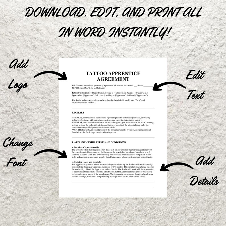 Tattoo Apprentice Contract Template: Editable Apprenticeship Agreement ...