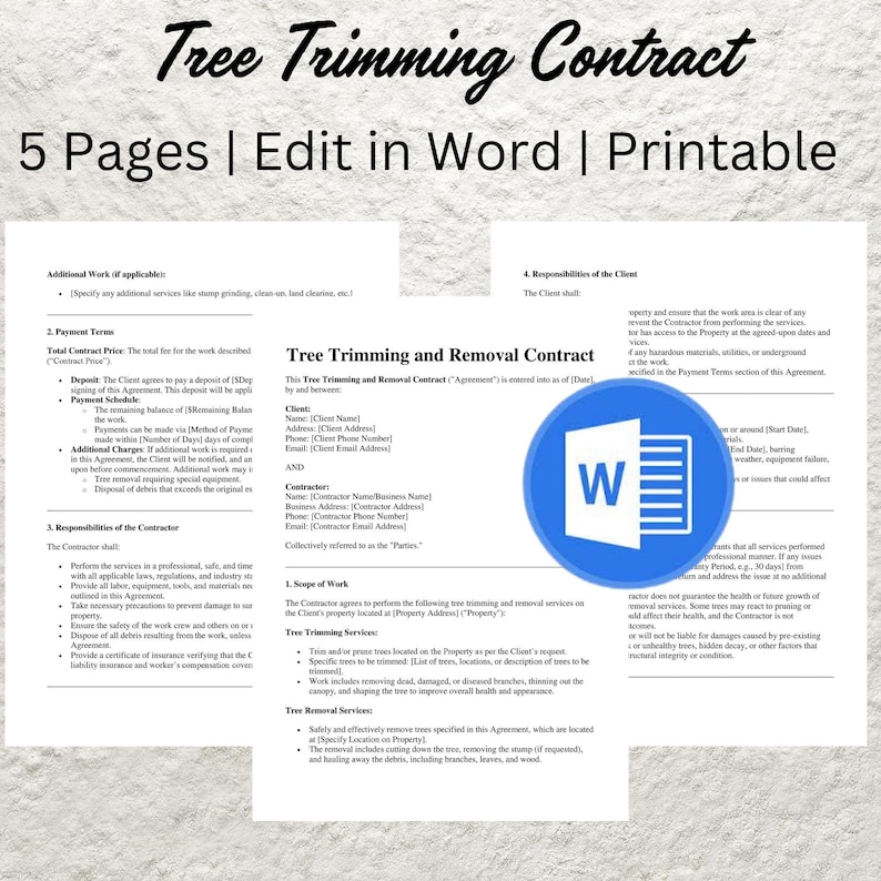 Tree Trimming Removal Contract Template: Editable Arborist Agreement ...