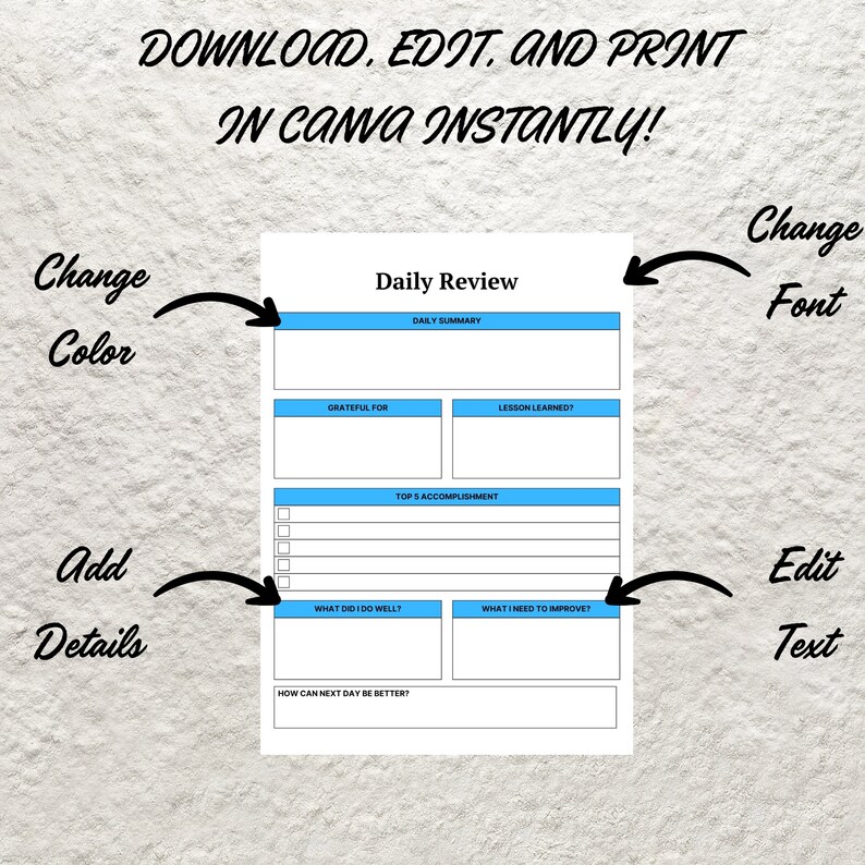 Daily Review Template Printable Daily Reflection Journal Editable Daily ...