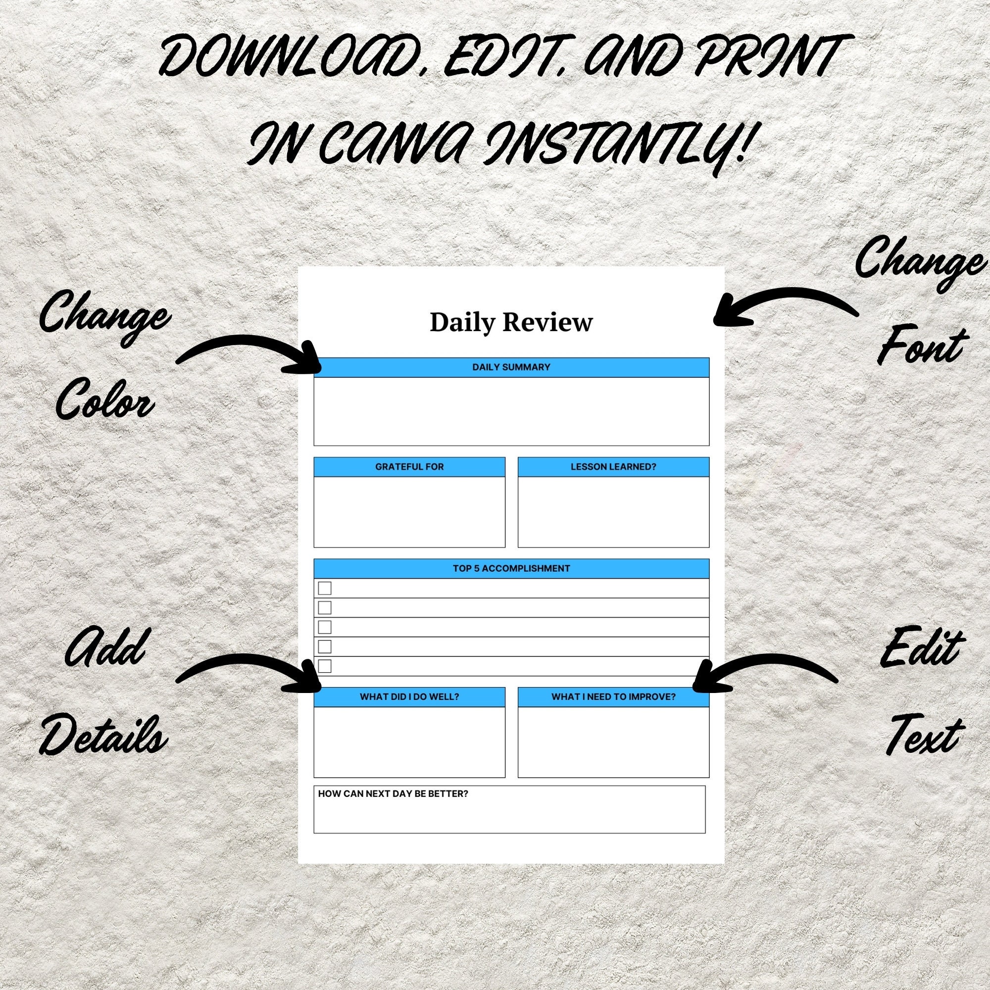 Daily Review Template Printable Daily Reflection Journal Editable Daily ...