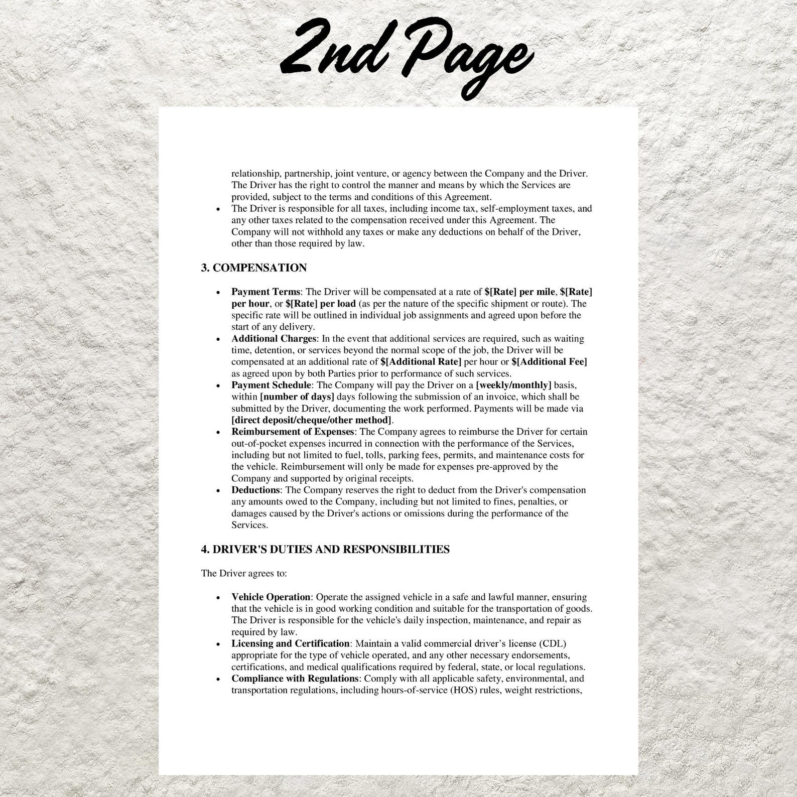 Truck Driver Contract Template: Editable Service Agreement (word ...