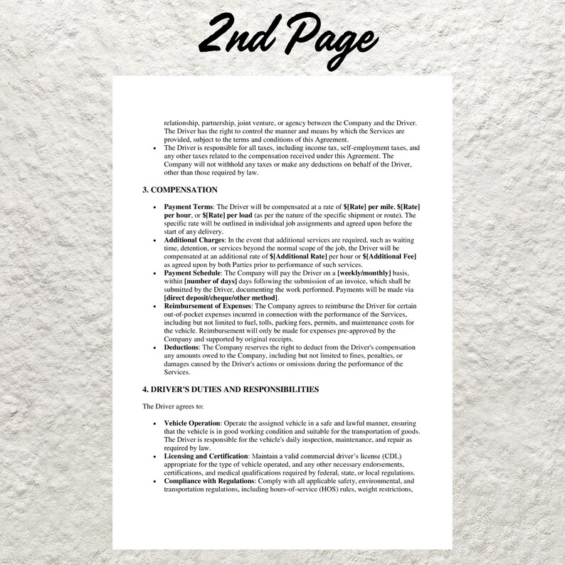 Truck Driver Contract Template: Editable Service Agreement (word ...