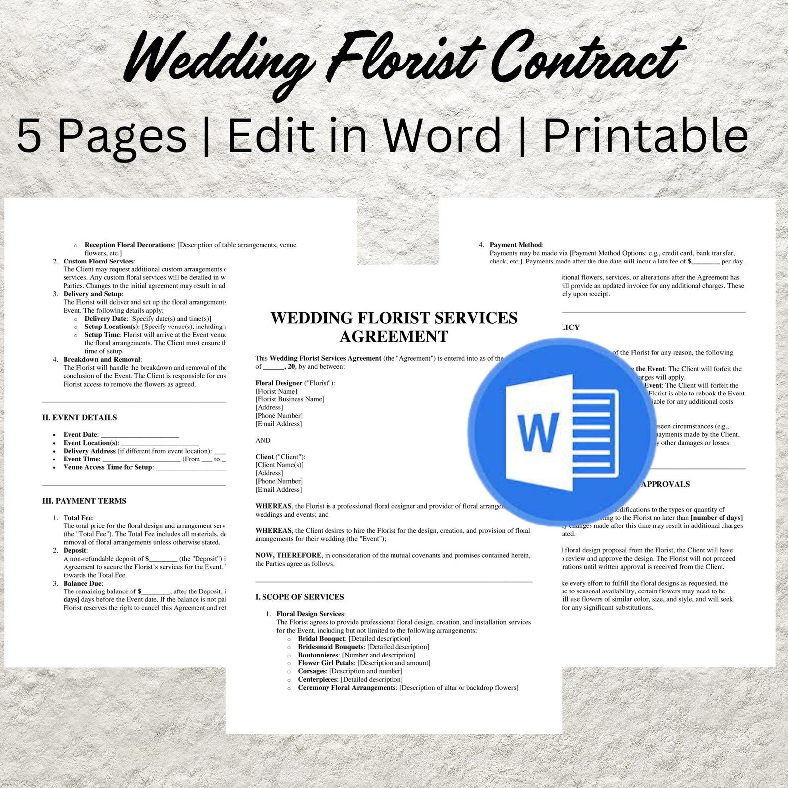 Wedding Florist Contract Template: Editable Floral Service Agreement ...