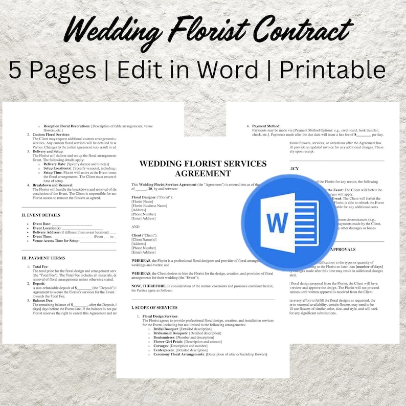 Wedding Florist Contract Template: Editable Floral Service Agreement ...