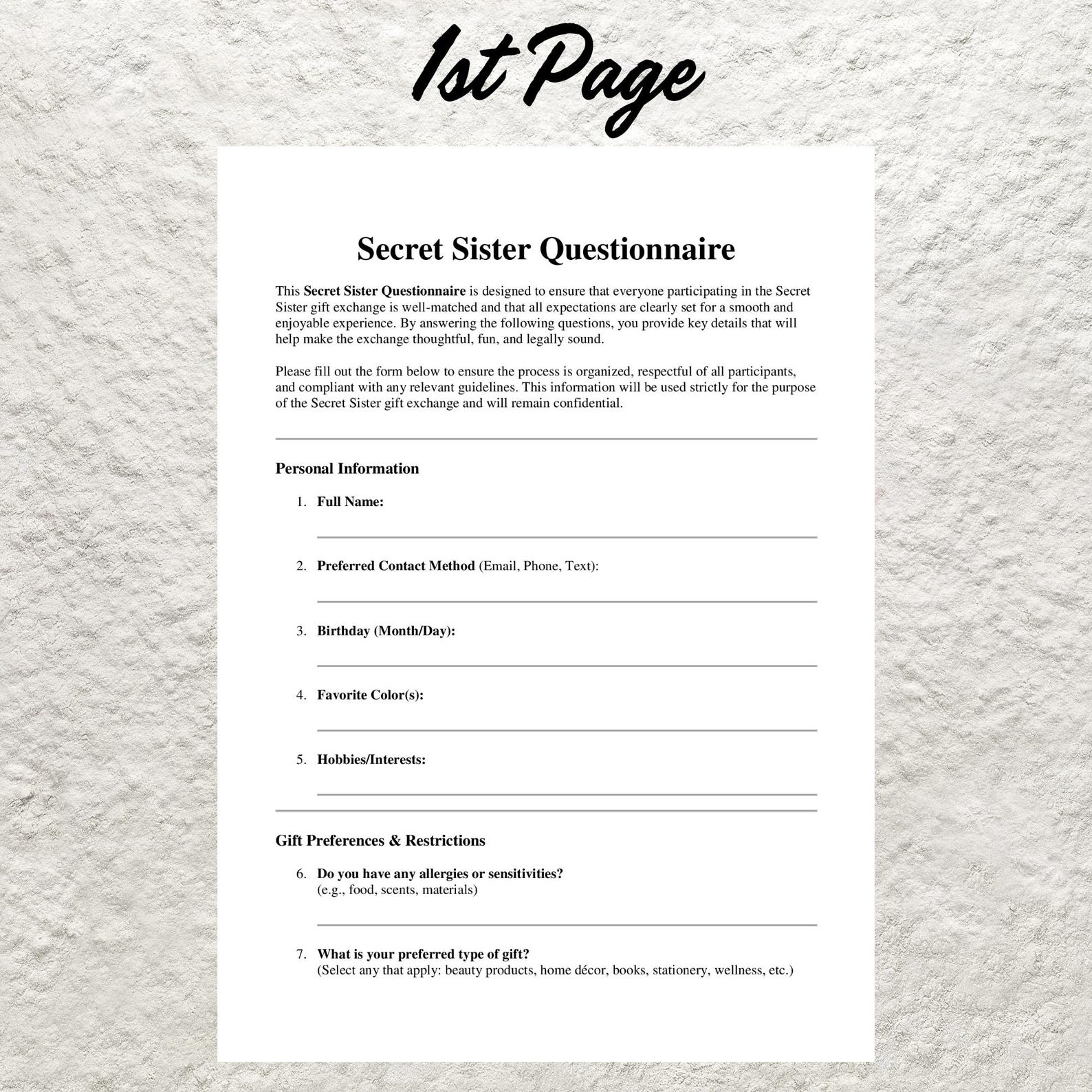 Secret Sister Questionnaire: Editable Gift Exchange Survey (printable ...