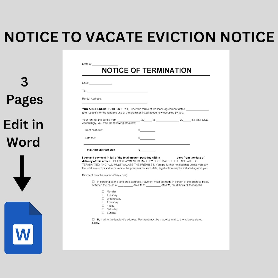 Eviction Notice Editable Notice to Vacate Tenant Template Printable ...