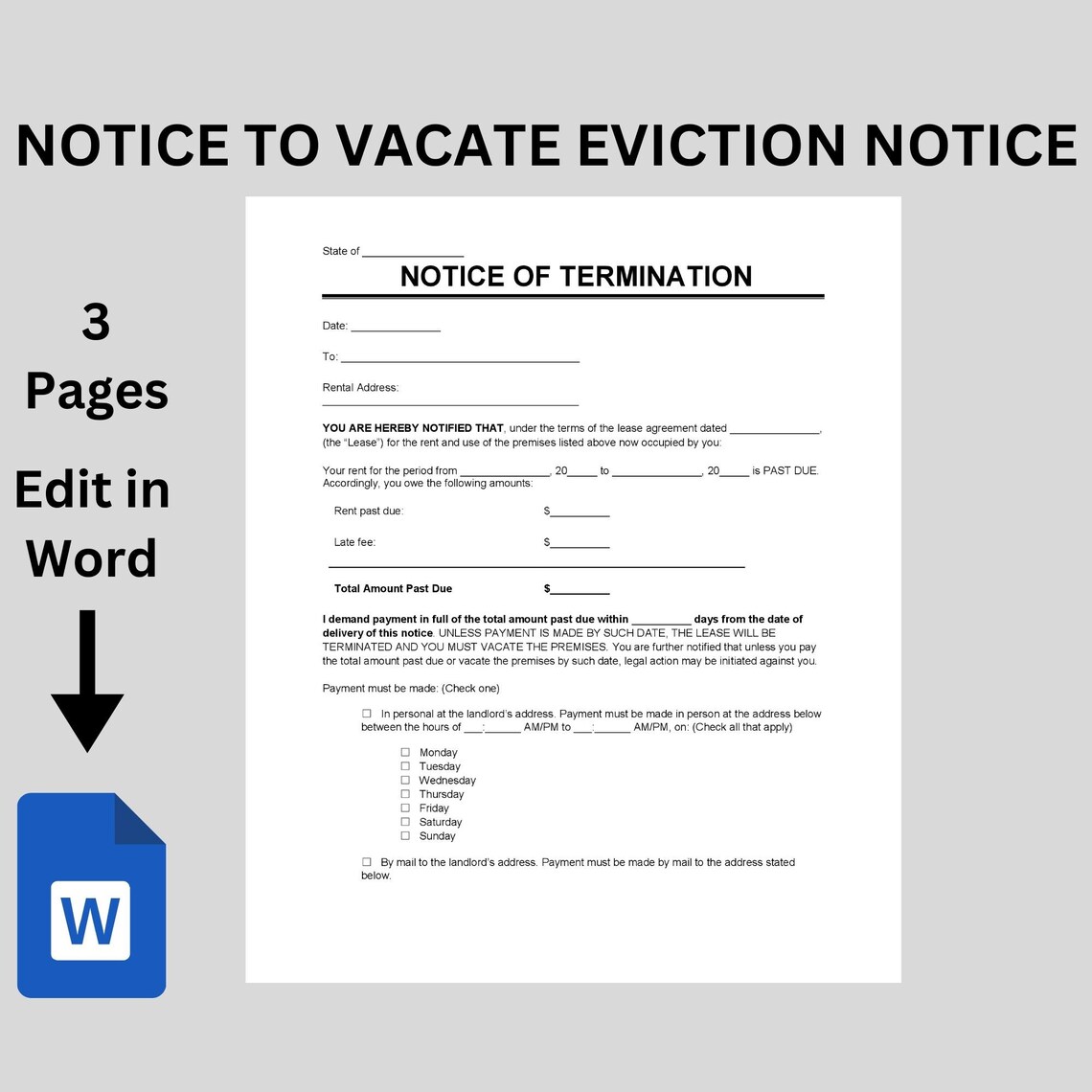 Eviction Notice Editable Notice to Vacate Tenant Template Printable ...