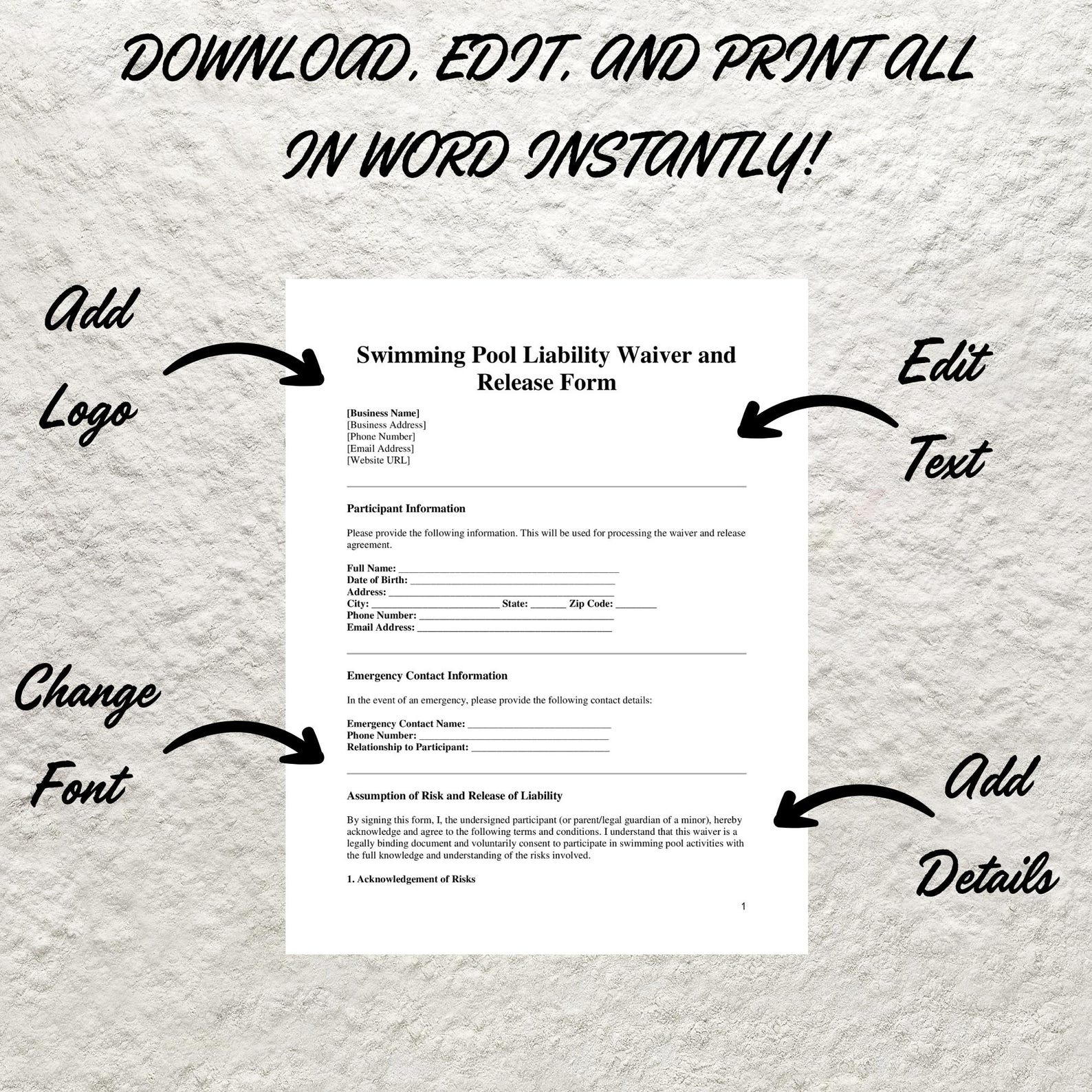 Editable Swimming Pool Liability Waiver Template (word Format ...
