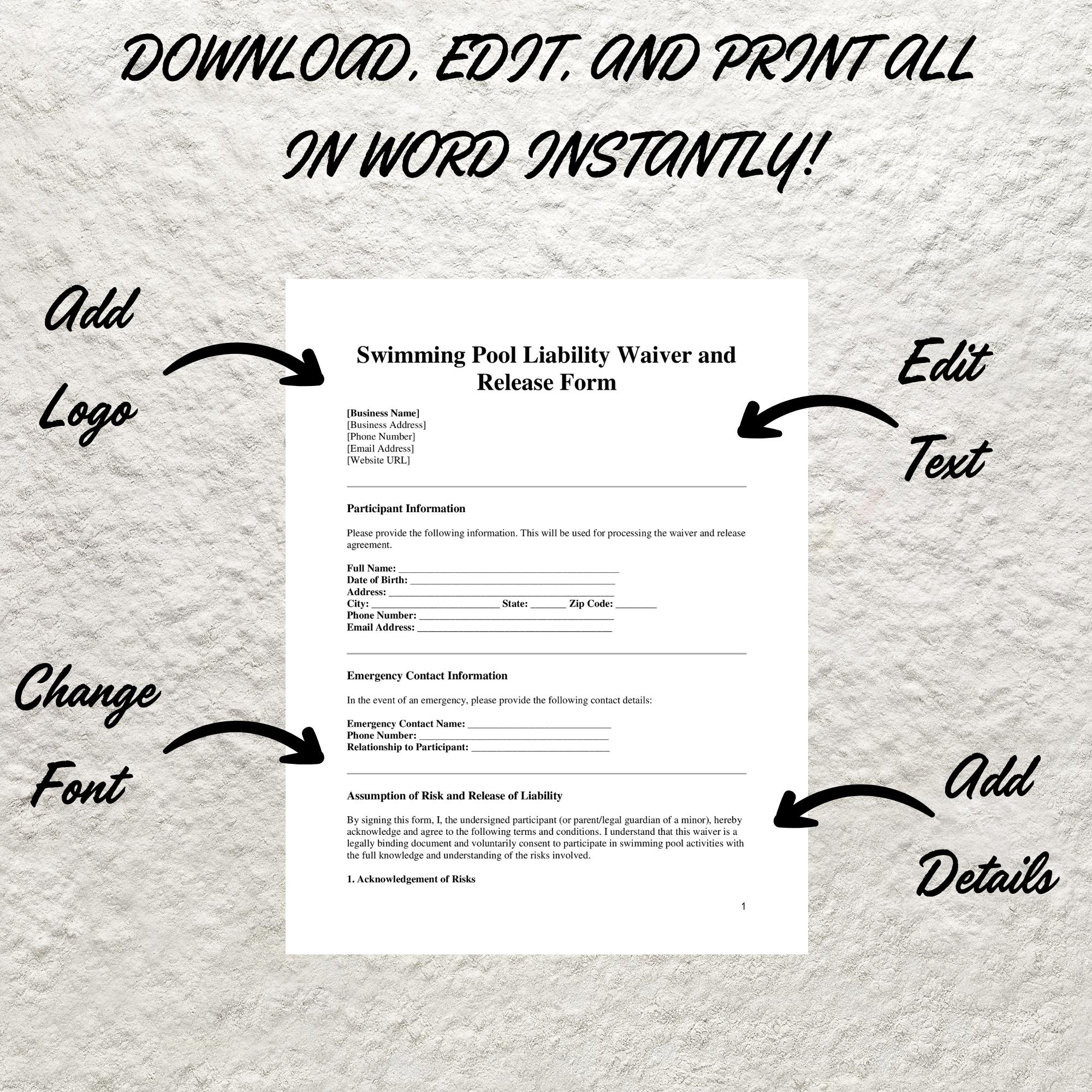 Editable Swimming Pool Liability Waiver Template (word Format ...