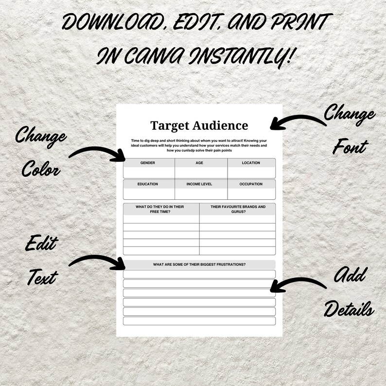 Target Audience Template Printable Target Customer Market Planner Ideal ...