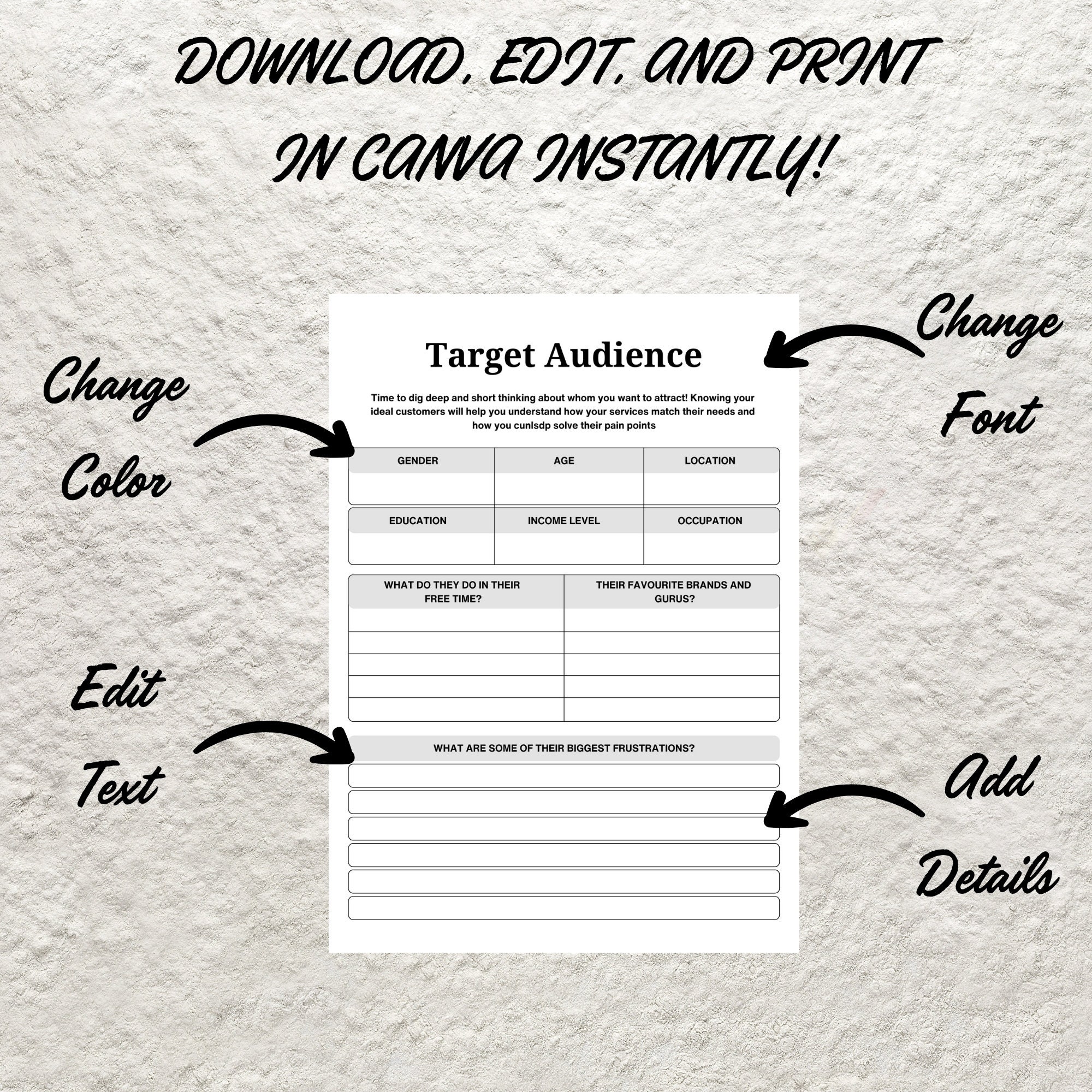 Target Audience Template Printable Target Customer Market Planner Ideal ...