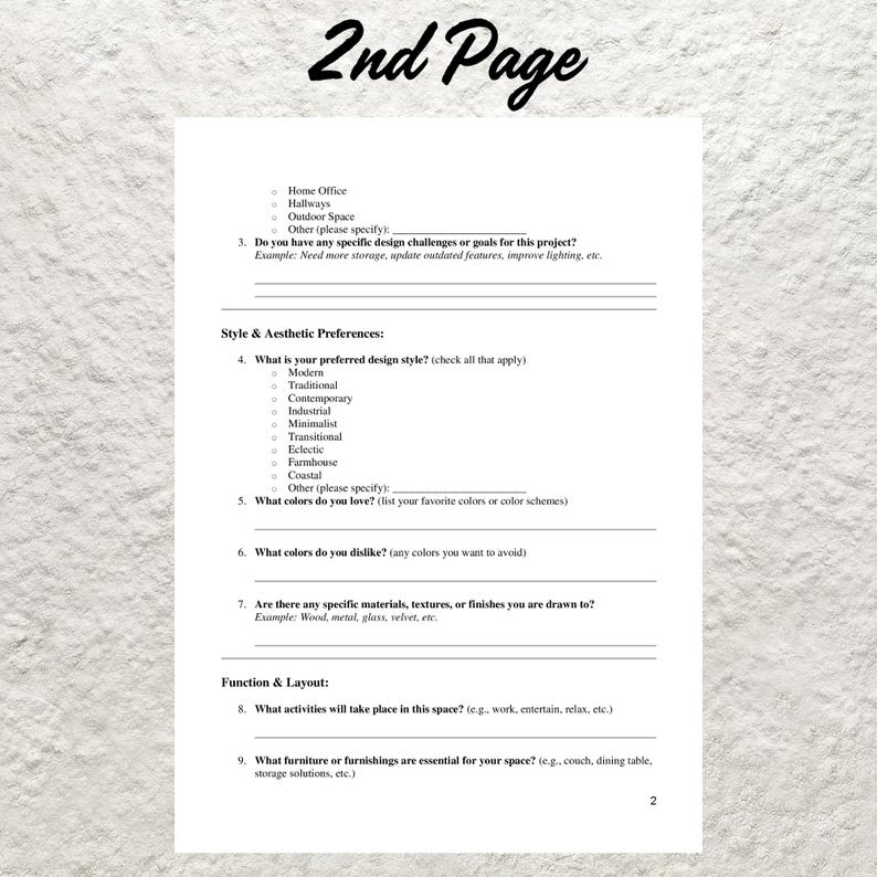 Interior Design Client Questionnaire: Editable Intake Form (PDF ...