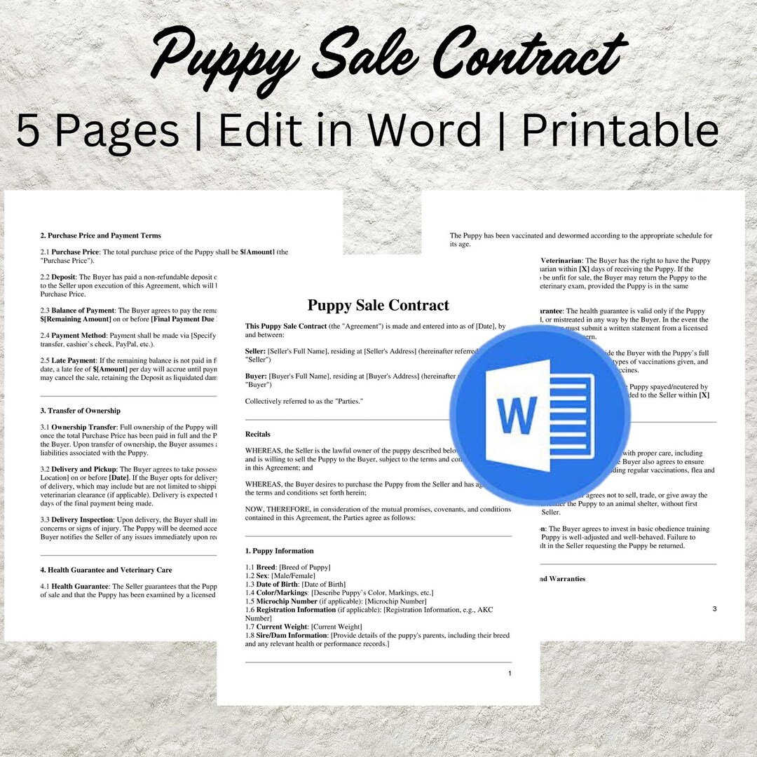 Editable Puppy Sales Contract Template: Dog Breeder Agreement (PDF ...
