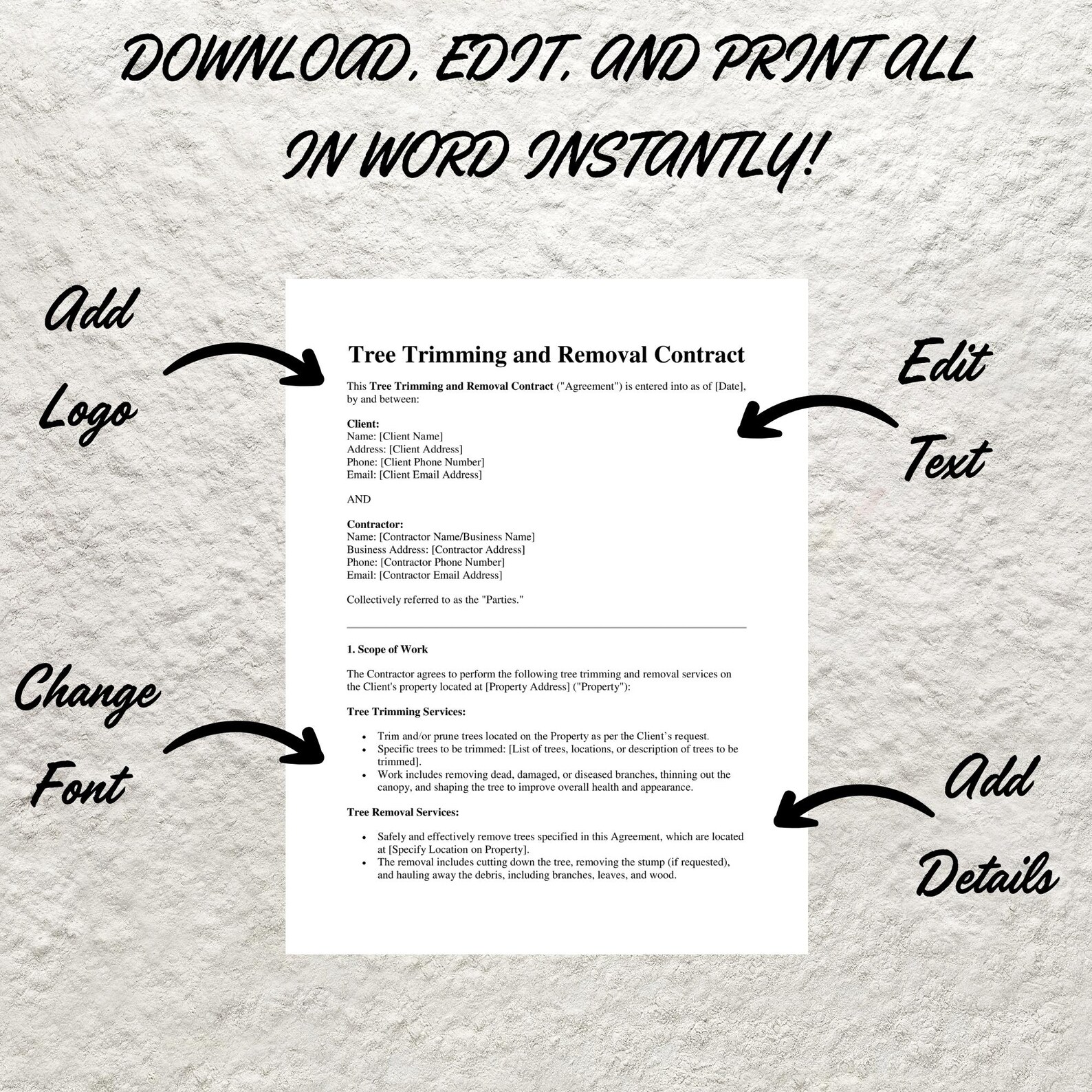 Tree Trimming Removal Contract Template: Editable Arborist Agreement ...