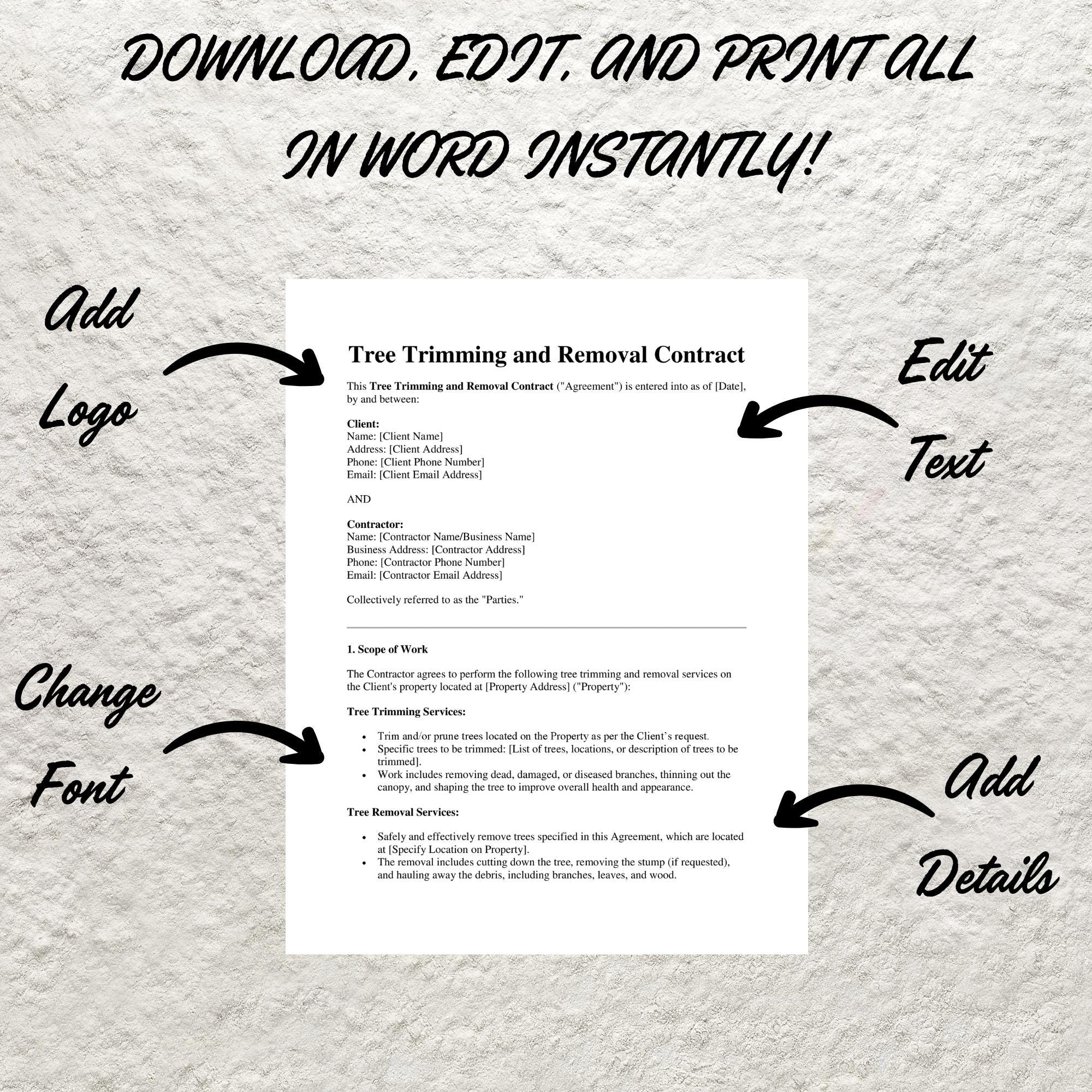 Tree Trimming Removal Contract Template: Editable Arborist Agreement ...