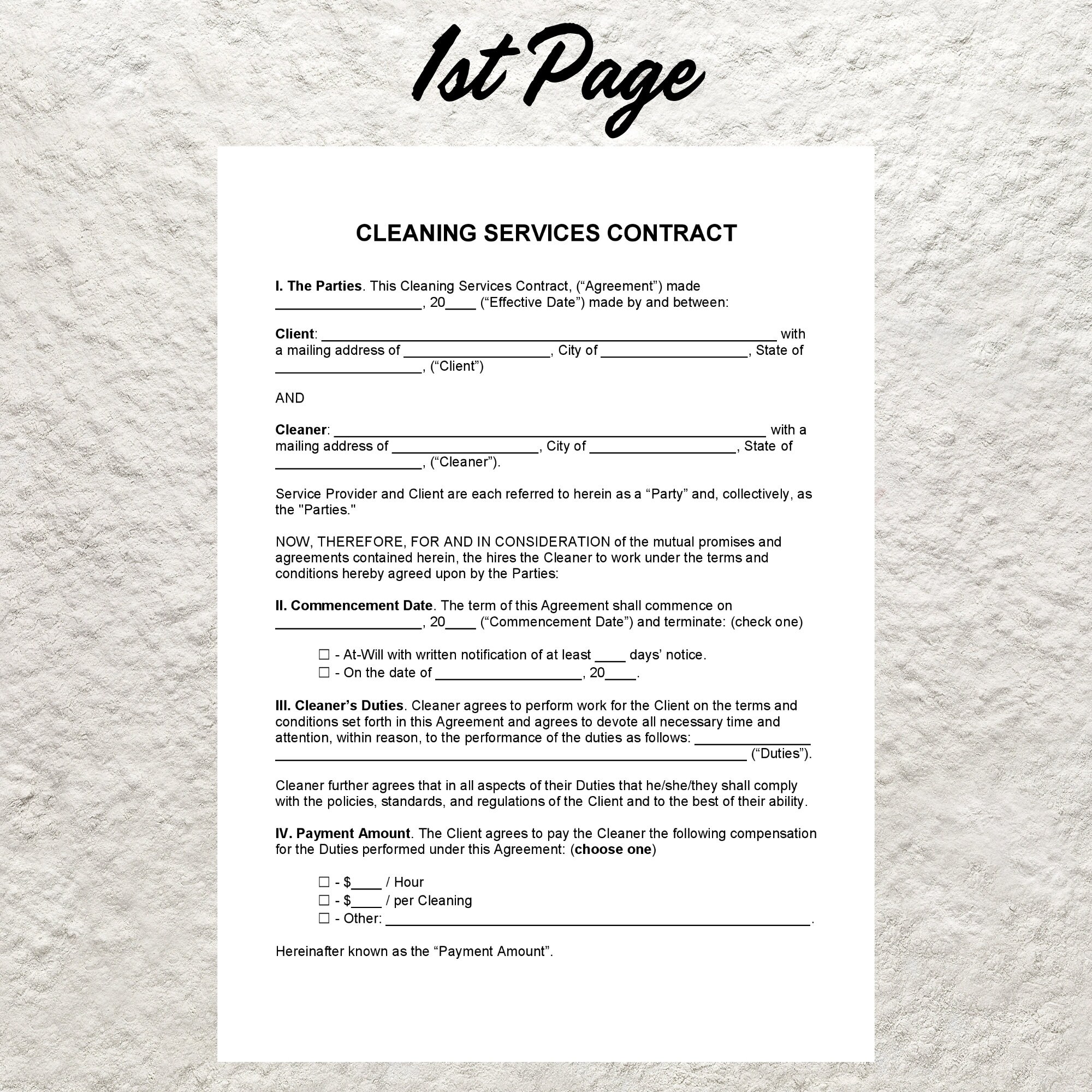 Cleaning Service Agreement Printable Cleaning Contract Editable ...