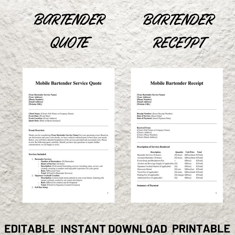 Mobile Bar Business Forms Bundle Editable Bartender Contract Printable ...