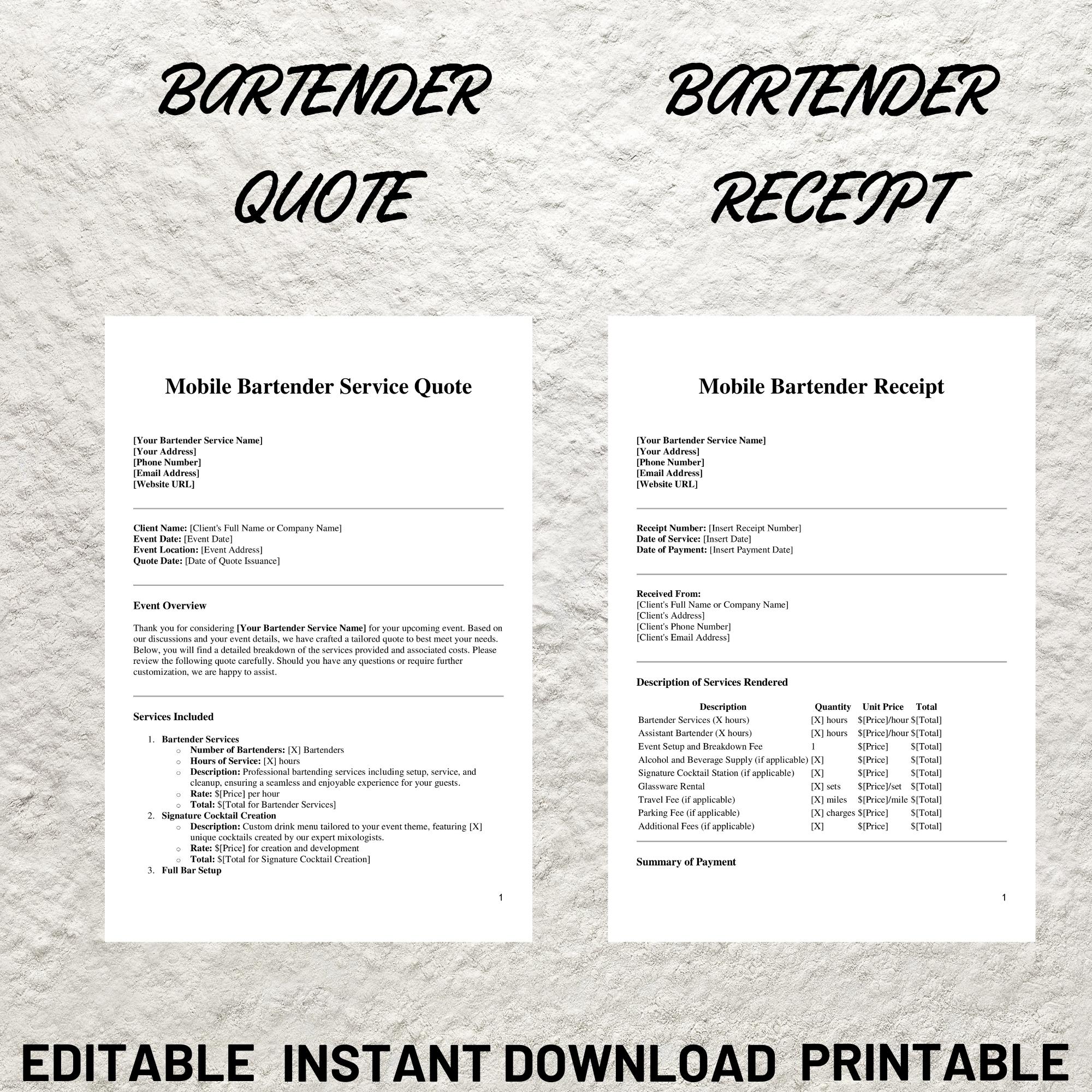 Mobile Bar Business Forms Bundle - Editable Bartender Contract, Service ...
