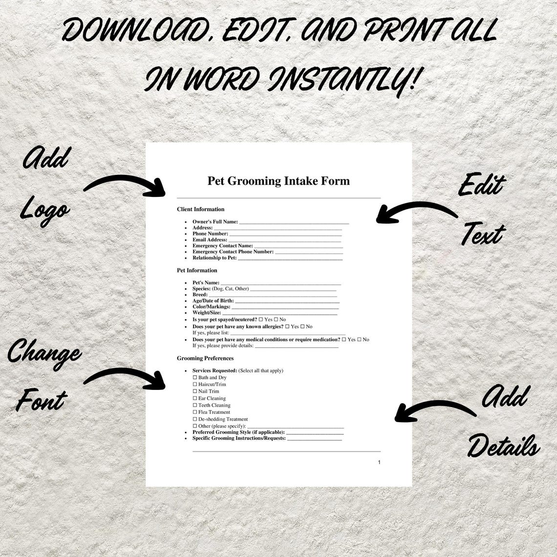 Editable Pet Grooming Forms Bundle: Client Intake, Contract (word ...
