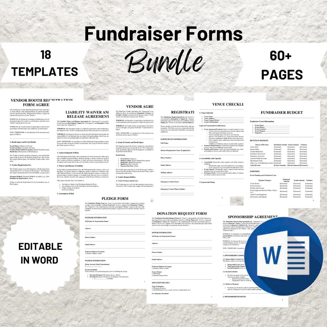 Editable Fundraiser Forms Bundle: Event Planning Templates (word, PDF ...