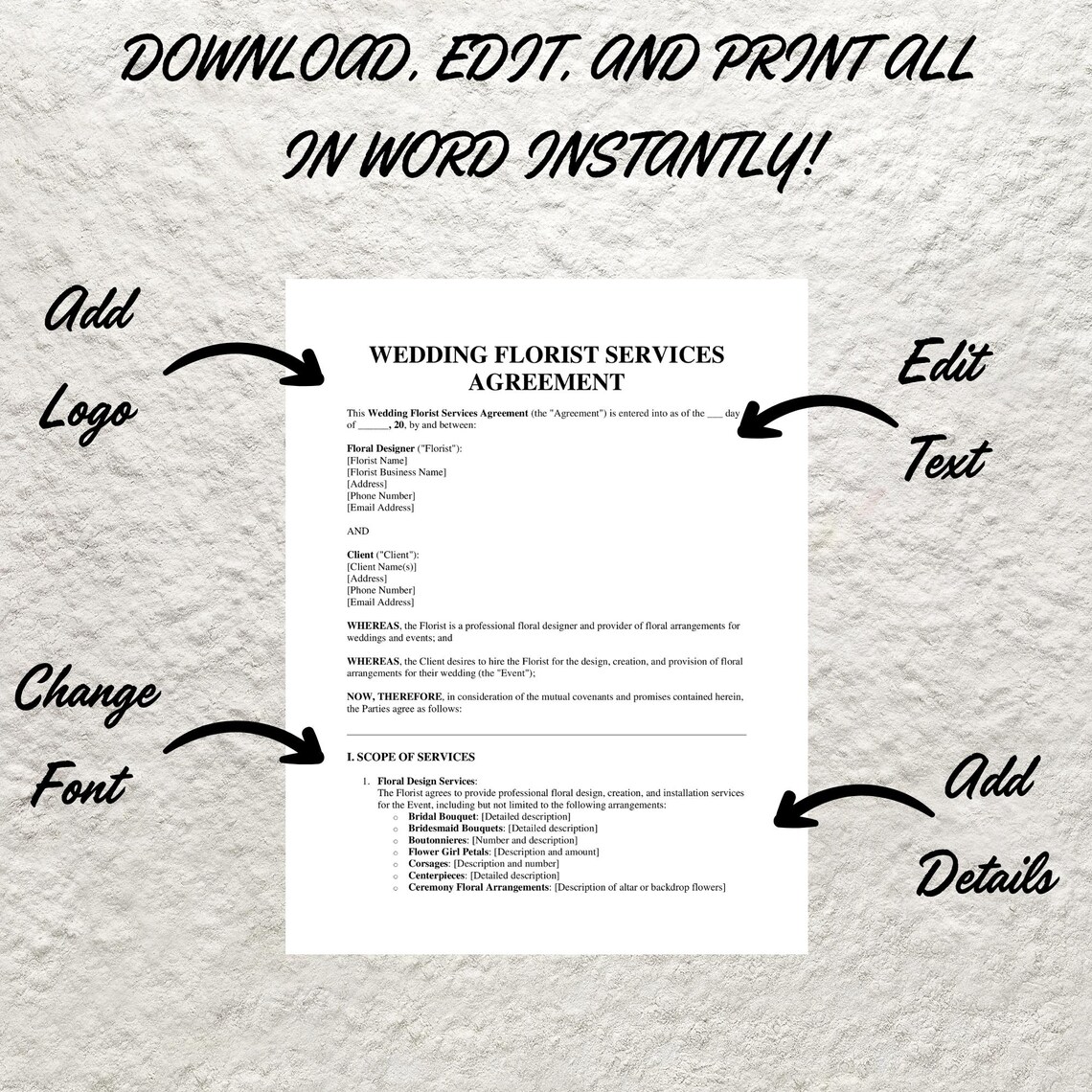 Wedding Florist Contract Template: Editable Floral Service Agreement ...