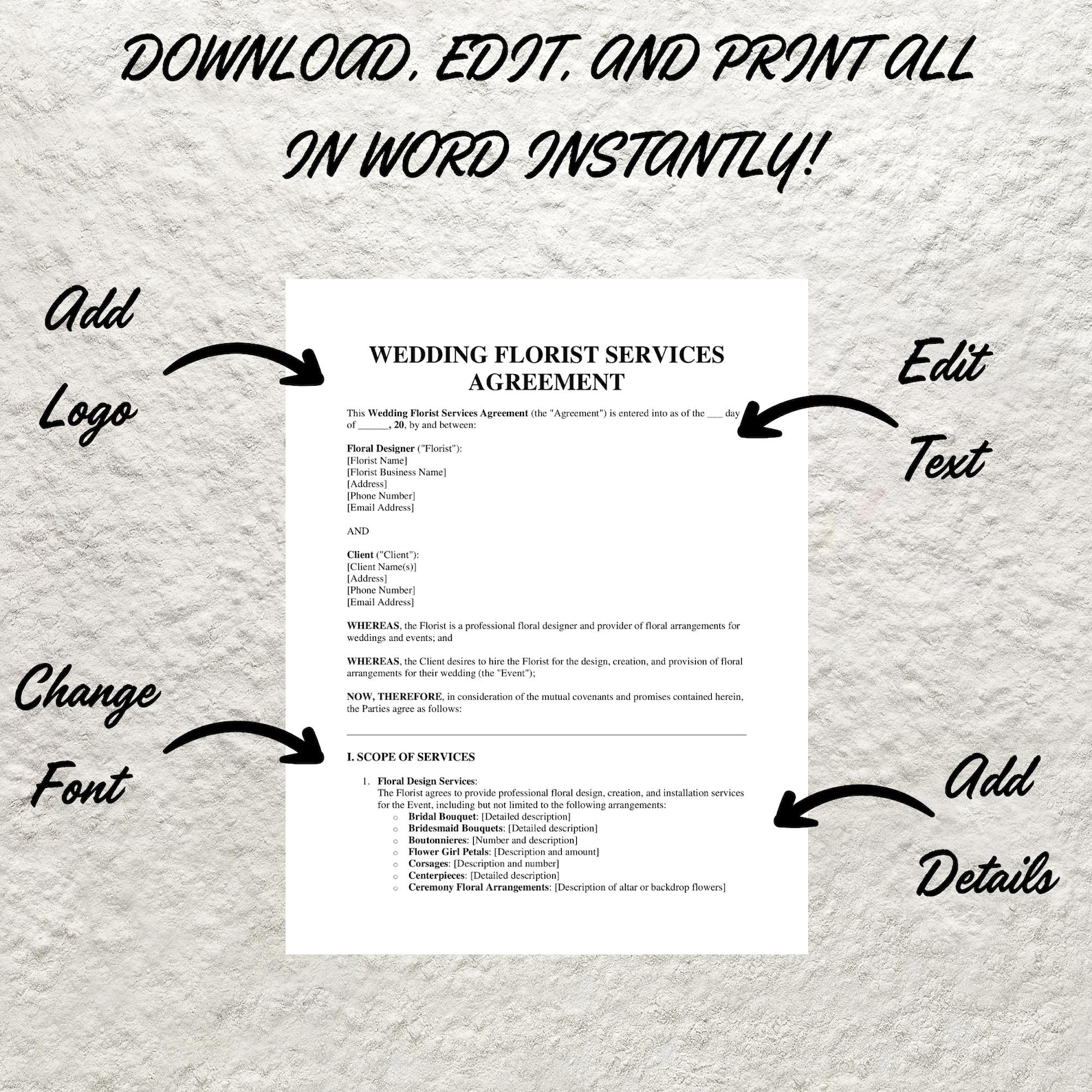 Wedding Florist Contract Template: Editable Floral Service Agreement ...