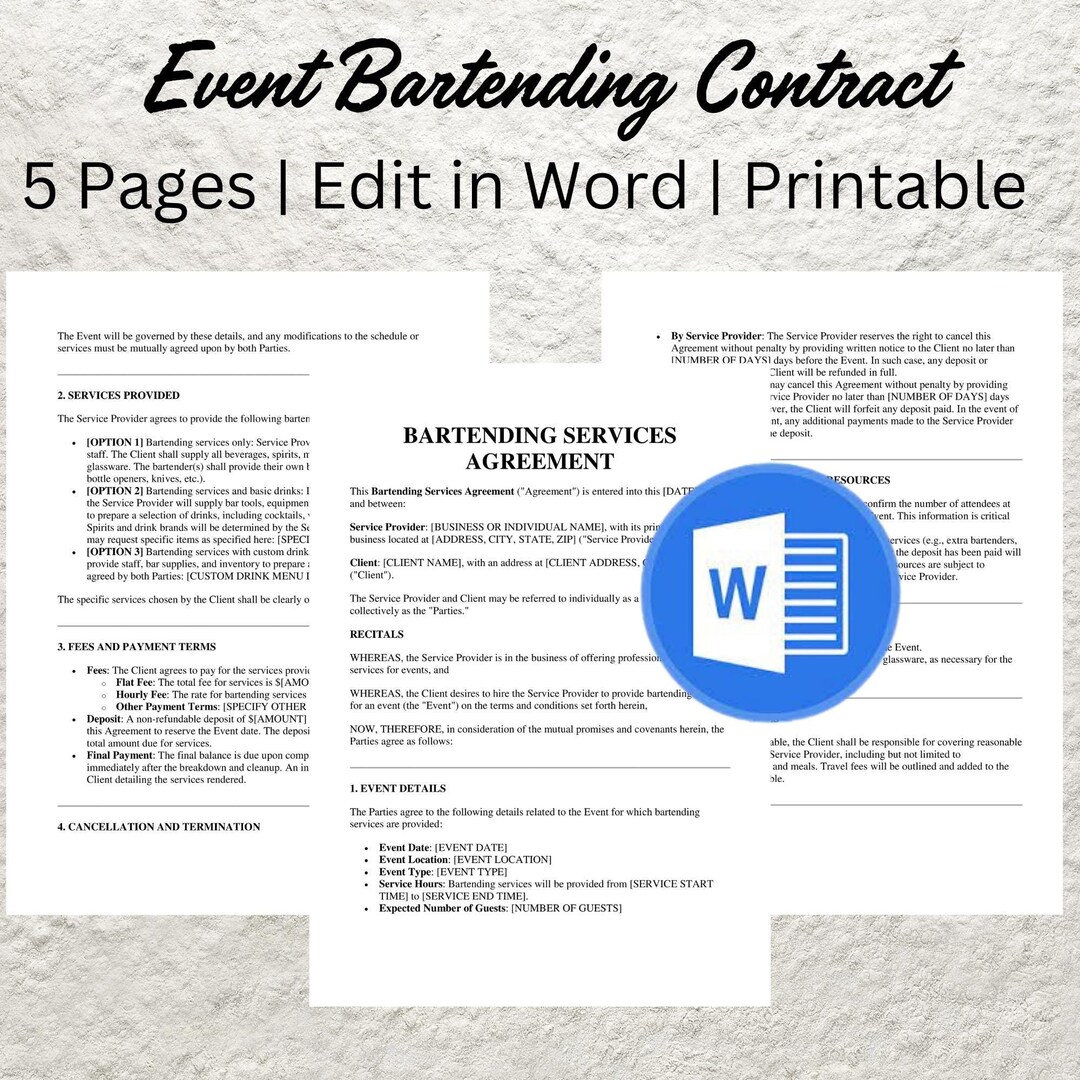 Event Bartender Service Contract Template Editable Mobile Bartender ...