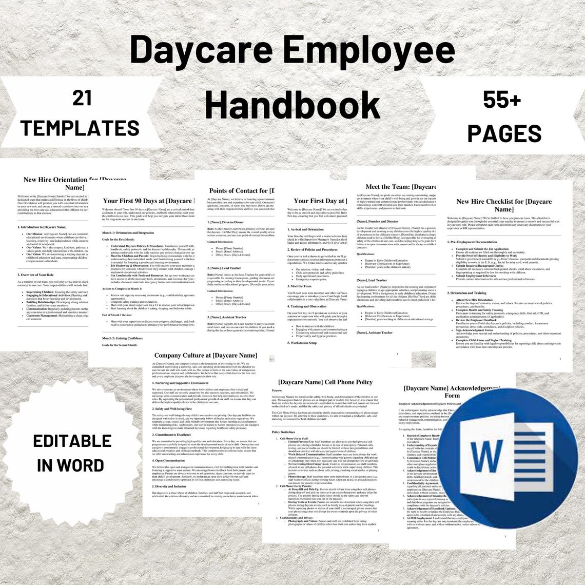 Daycare Employee Handbook Template: Editable Staff Policies (word ...