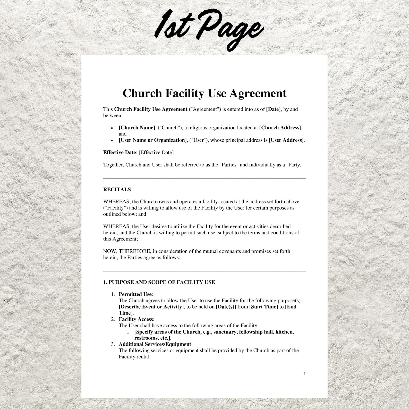 Church Facility Rental Agreement Template: Editable Event Contract ...