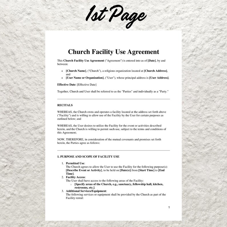 Church Facility Rental Agreement Template: Editable Event Contract ...