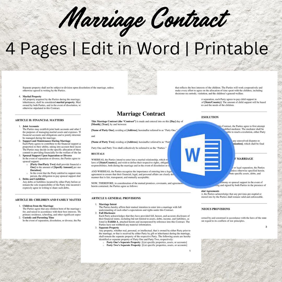 Marriage Contract Template Editable Marriage Agreement Printable ...