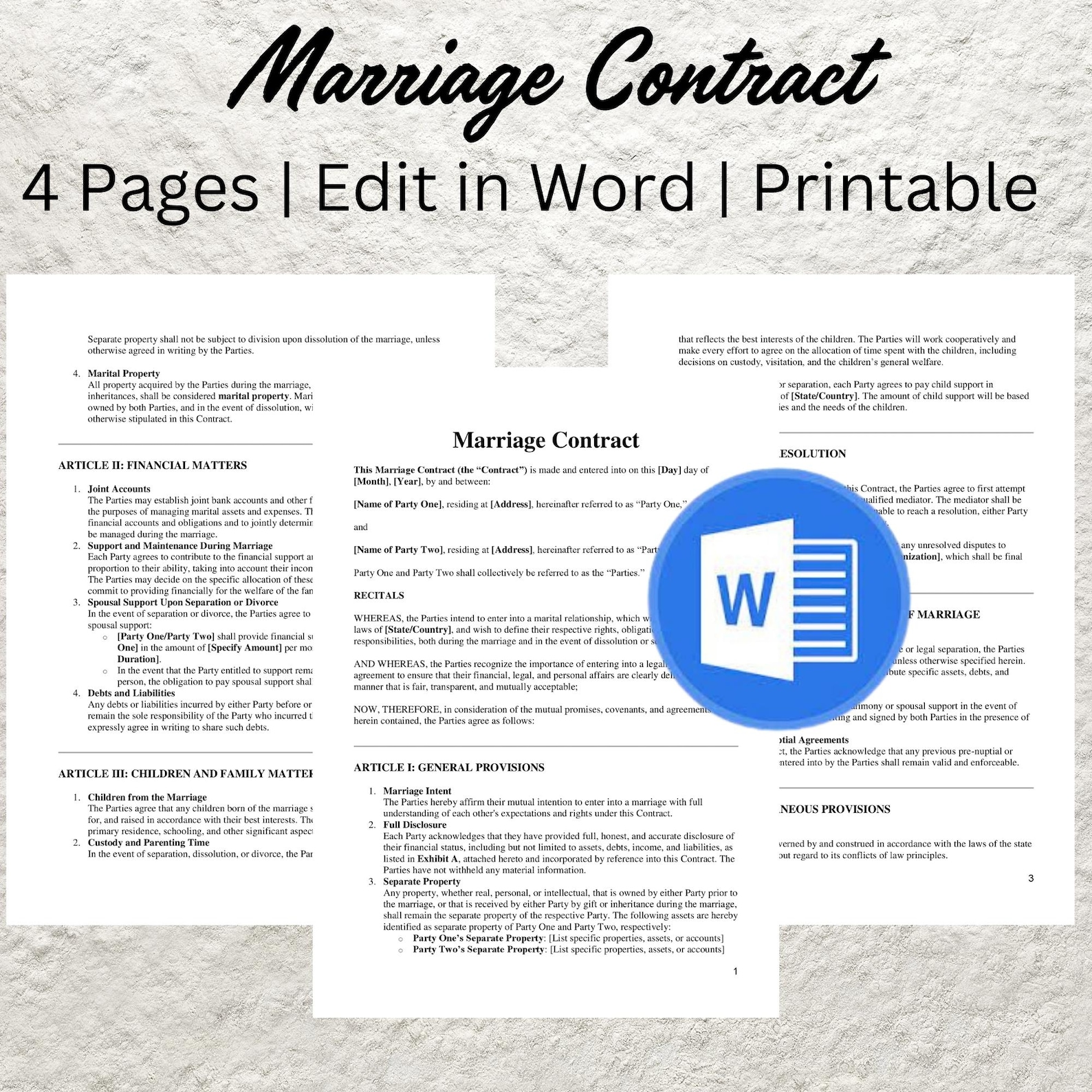 Marriage Contract Template Editable Agreement Printable Relationship ...