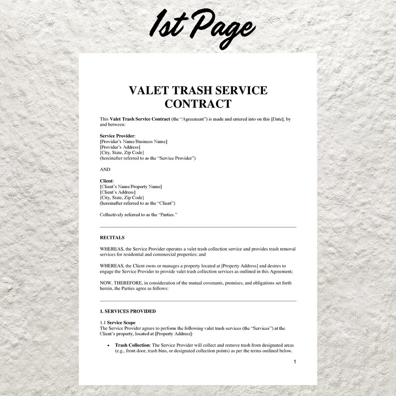 Valet Trash Service Contract Template: Editable Waste Removal Agreement ...