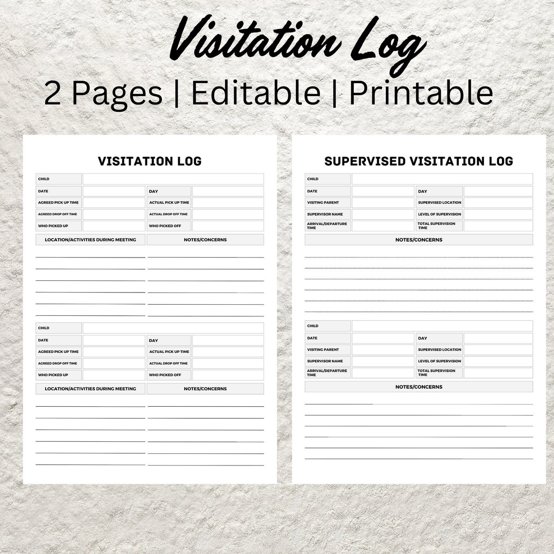 Visitation Log Template Printable Child Care Custody Log Child Visits ...