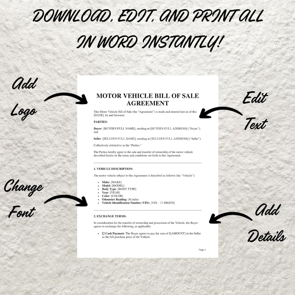 Car Sales Agreement Template: Editable Vehicle Purchase Contract (word ...