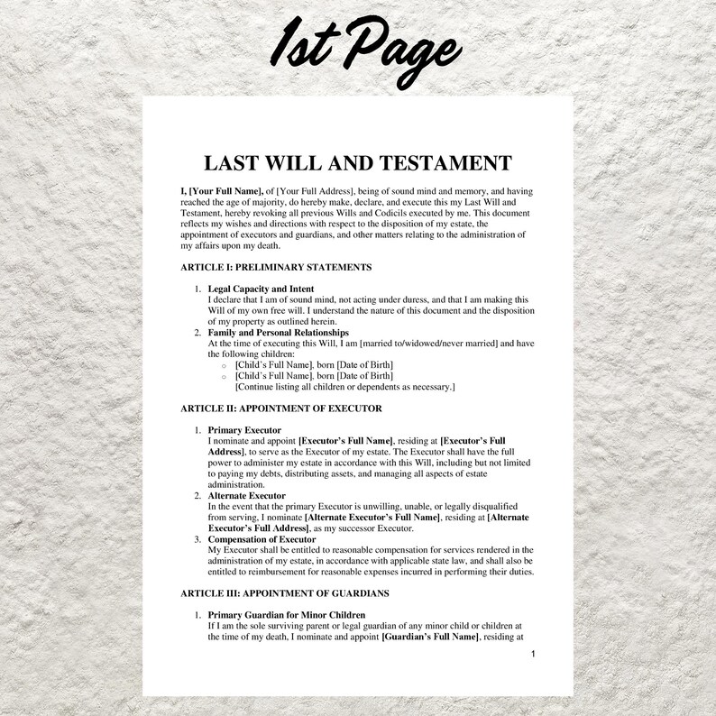 Last Will and Testament Template: Editable Legal Document (word ...