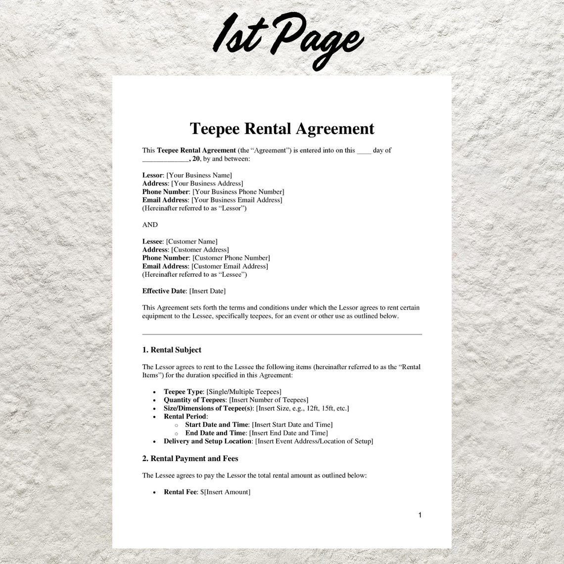 Teepee Rental Agreement Template Editable Rental Contract Printable Sleepover Party Terms and ...