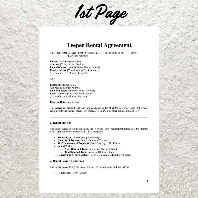 Teepee Rental Agreement Template Editable Rental Contract Printable Sleepover Party Terms and ...