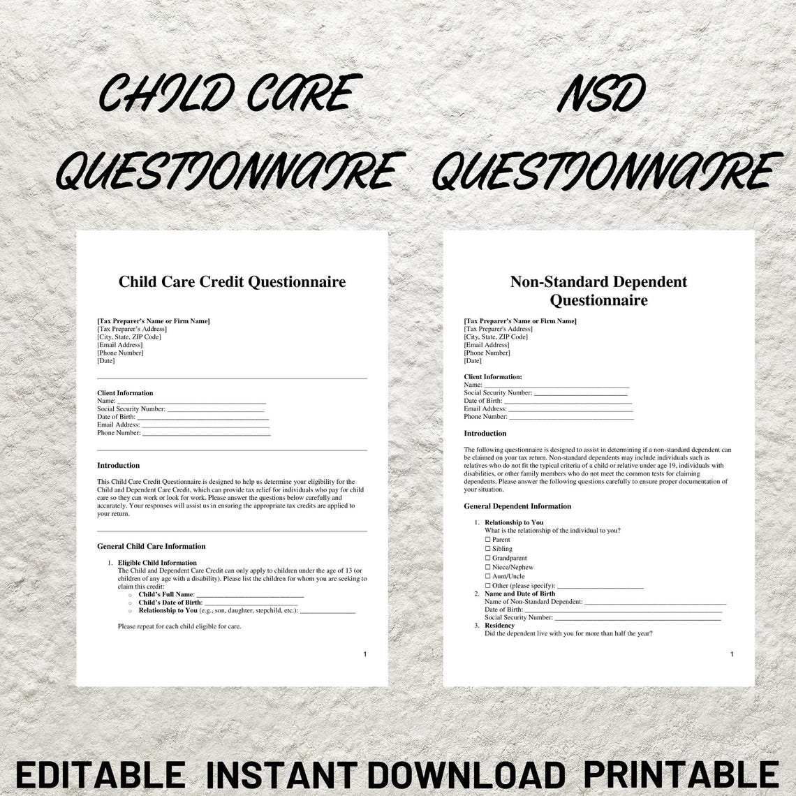 Tax Preparer Forms Bundle: Editable Client Intake Templates (PDF Kit ...