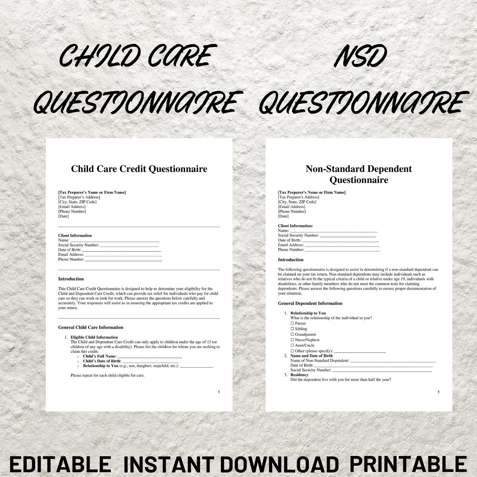 Tax Preparer Forms Bundle: Editable Client Intake Templates (PDF Kit ...