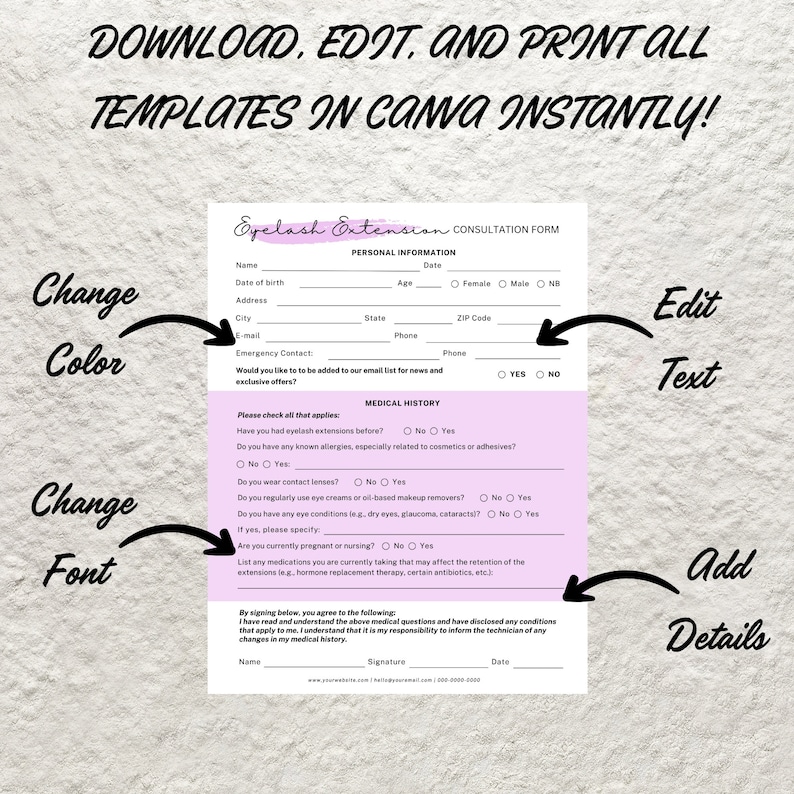 Editable Eyelash Extensions Intake and Lash Consent Forms Template Lash ...